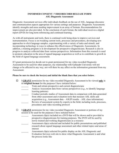 INFORMED CONSENT / VIDEORECORD RELEASE FORM ASL ...