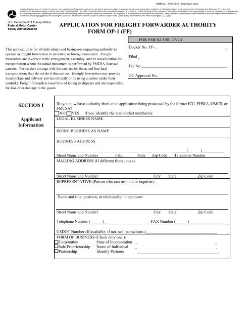 application for freight forwarder authority form op-1 (ff)