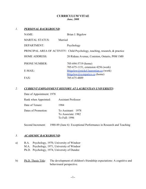 Brian J Bigelow,PhD Coniston, Ontario - American College of ...