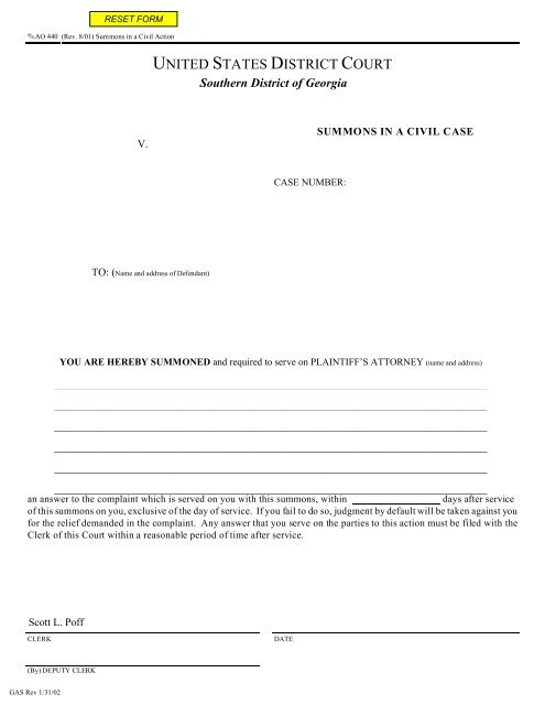 Summons in a Civil Case AO-440 - Southern District of Georgia