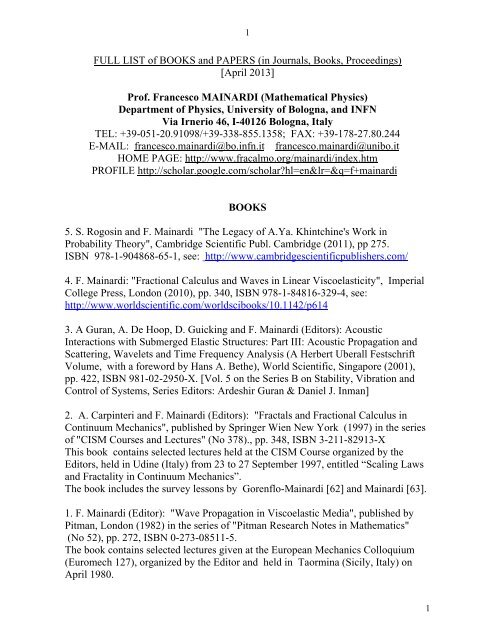 Complete List Of Publications Fractional Calculus Modelling