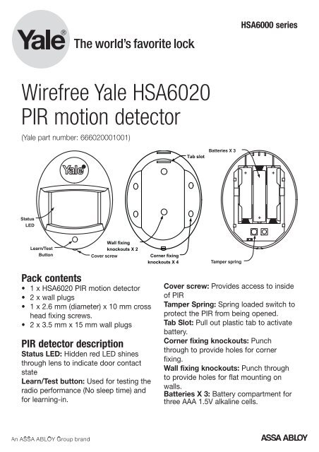 Wirefree Yale HSA6020 PIR motion detector - Free-Instruction ...