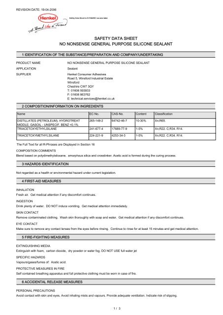 safety data sheet no nonsense general purpose silicone sealant