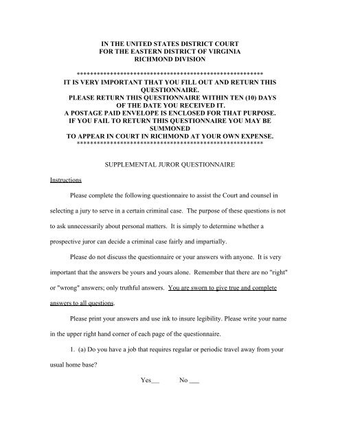 ED-Virginia, Sample juror questionnaire
