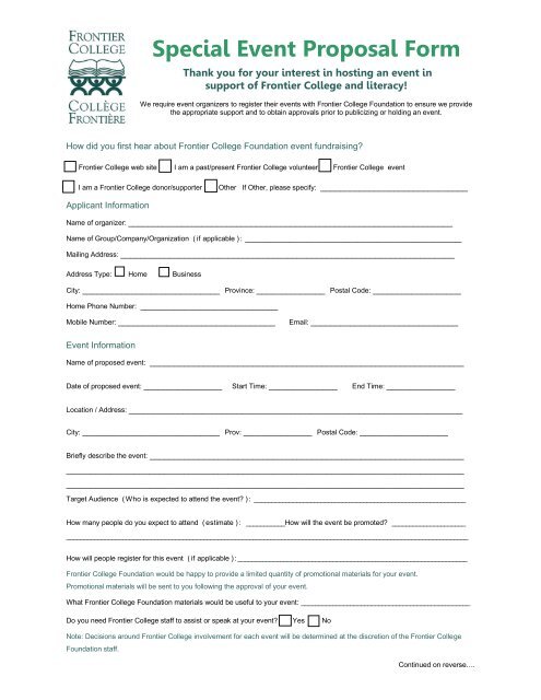 Third Party Event Proposal Form - Frontier College
