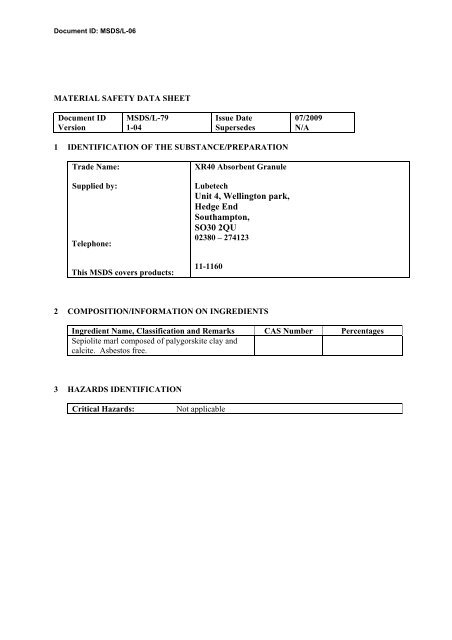 COSHH - Safety data sheet