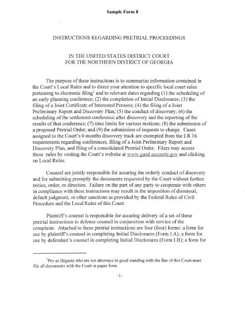 Form 8: Instructions Regarding Pretrial Proceedings, Civil Litigation ...