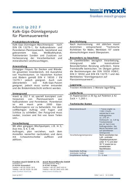 maxit ip 202 F Kalk-Gips-Dünnlagenputz für ... - bei Franken Maxit