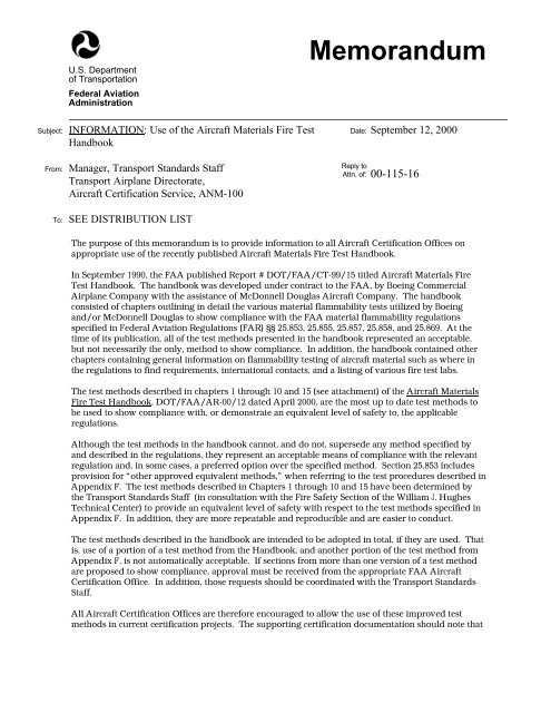 Memorandum - Fire Safety Branch - FAA