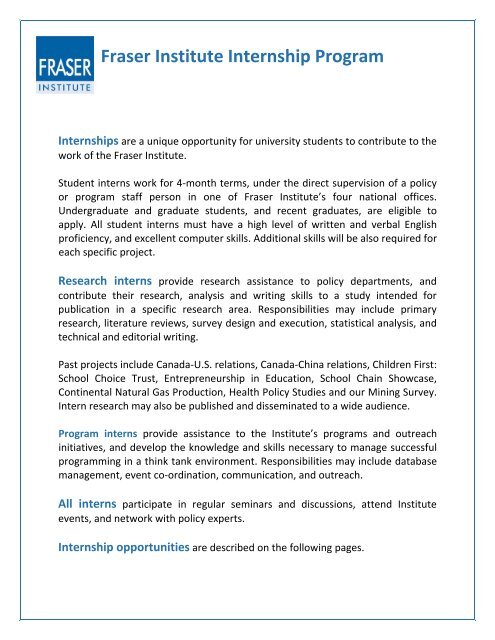 The Fraser Institute Internship Program