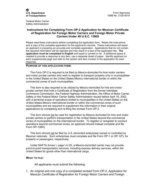 Proposed Form OP-1MX - Federal Motor Carrier Safety ...