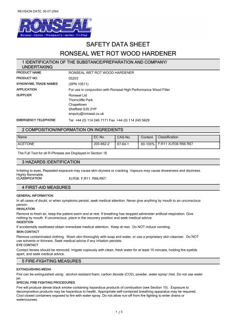 safety data sheet ronseal wet rot wood hardener - Free-Instruction ...