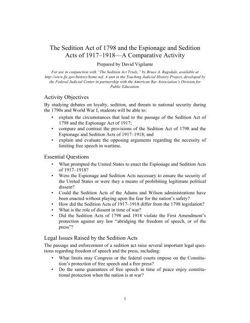 The Sedition Act of 1798 and the Espionage and Sedition Acts of ...