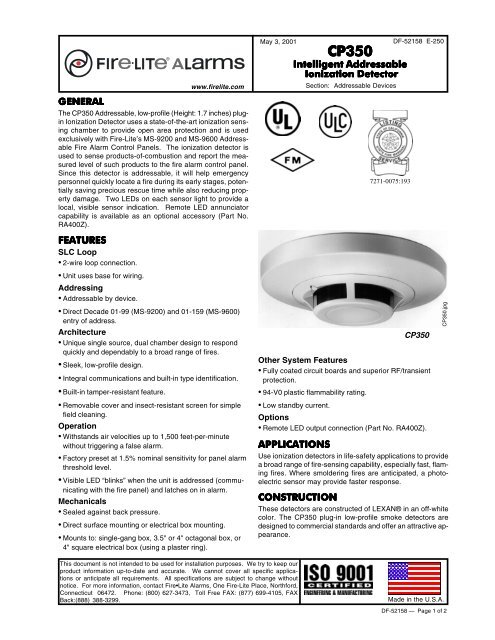 Intelligent Addressable Ionization Detector ... - Fire-Lite Alarms