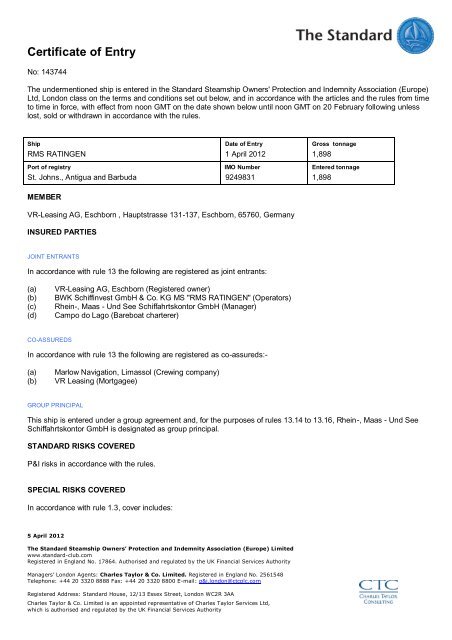 Certificate of Entry