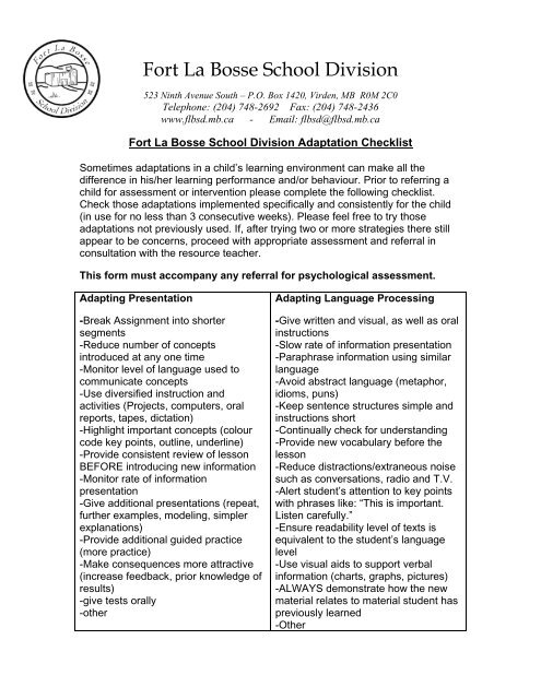 Adaptation Checklist - Fort La Bosse School Division
