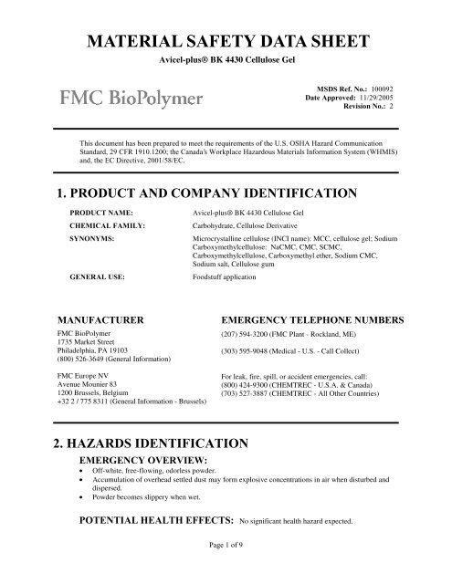 Avicel-plus® BK 4430 Cellulose Gel - FMC Corporation