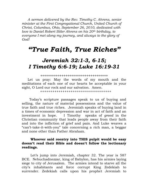 “True Faith, True Riches” - The First Congregational Church