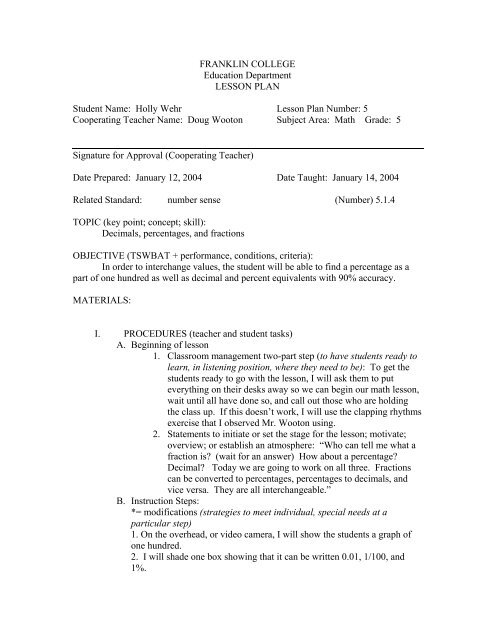 Holly Wehr Lesson Plan Number: 5 Cooperating ... - Franklin College