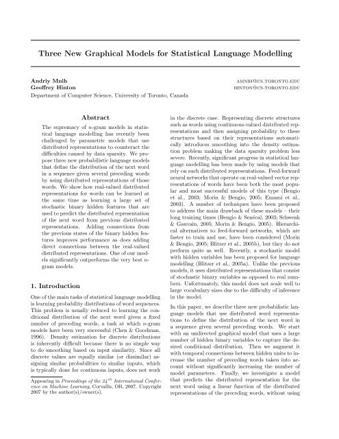 Three New Graphical Models For Statistical Language Modelling