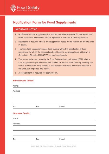 Notification Form for Food Supplements - The Food Safety Authority ...