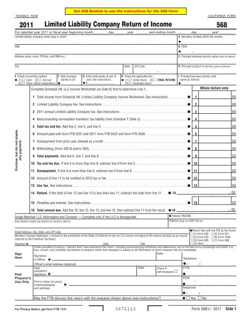 2011 Form 568 -- Limited Liability Company Return of Income