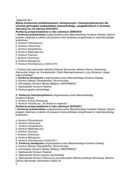 1 Załącznik Nr 1 Wykaz konkursów przedmiotowych, tematycznych i ...