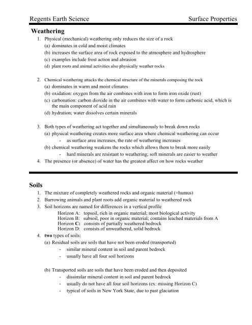Regents Earth Science Surface Properties Weathering Soils