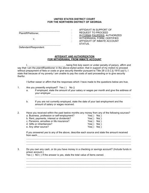 Affidavit and Authorization for Withdrawal from Inmate Account