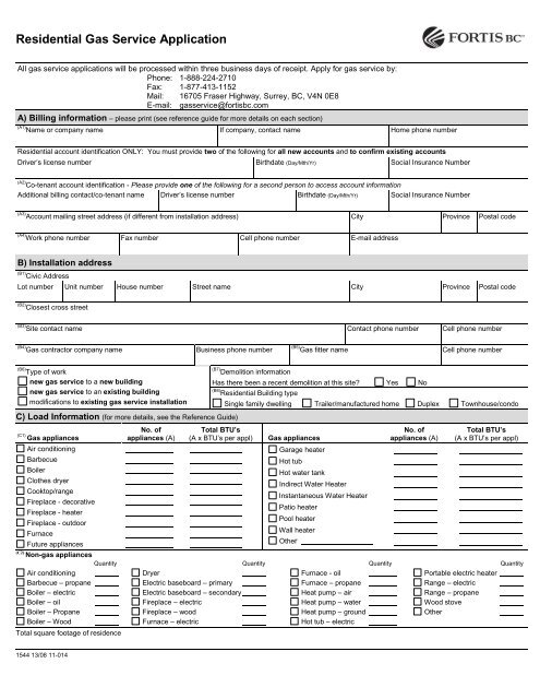 FortisBC Residential Gas Service Application form