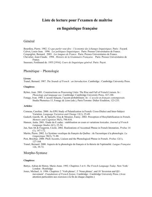 Liste de lecture pour l'examen de maîtrise en linguistique ... - French
