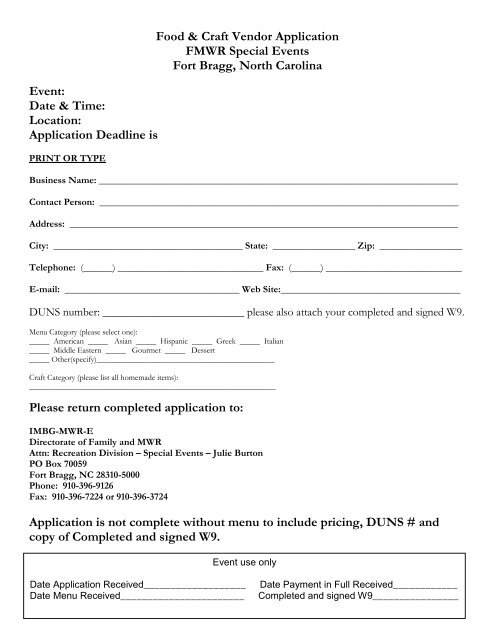 Food & Craft Vendor Application FMWR Special Events Fort Bragg ...