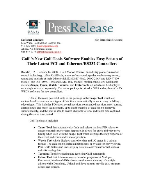Galil's New GalilTools Software Enables Easy Set-up of Their Latest ...