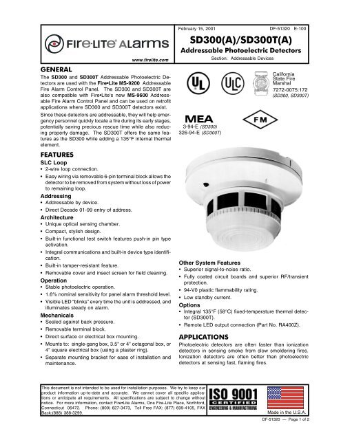 MEA SD300(A)/SD300T(A) - Fire-Lite Alarms