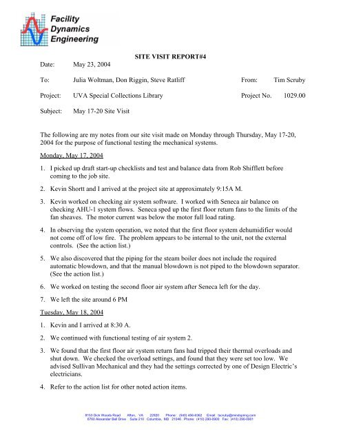 Facilities Dynamics Engineering - Site Visit Report 4