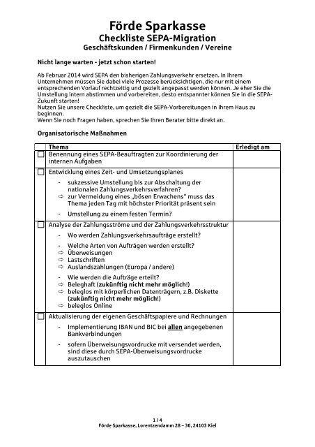 SEPA-Checkliste für Unternehmen - Förde Sparkasse
