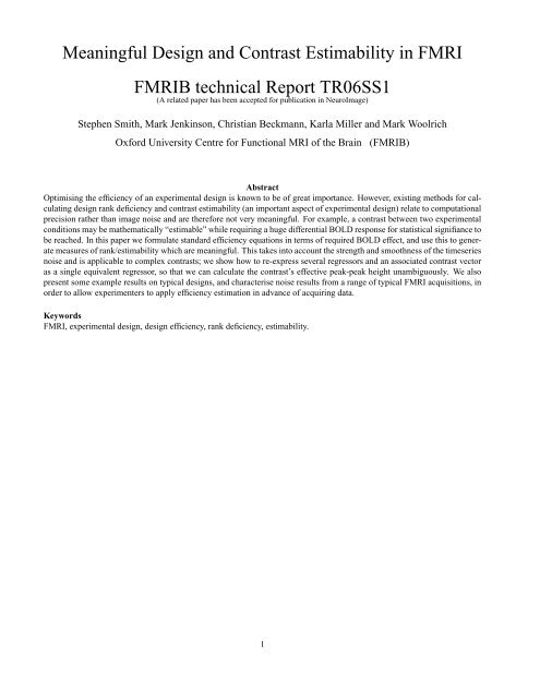 Meaningful Design and Contrast Estimability in FMRI FMRIB ...