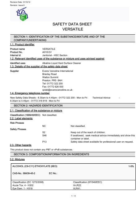 SAFETY DATA SHEET VERSATILE - Evans Vanodine International plc