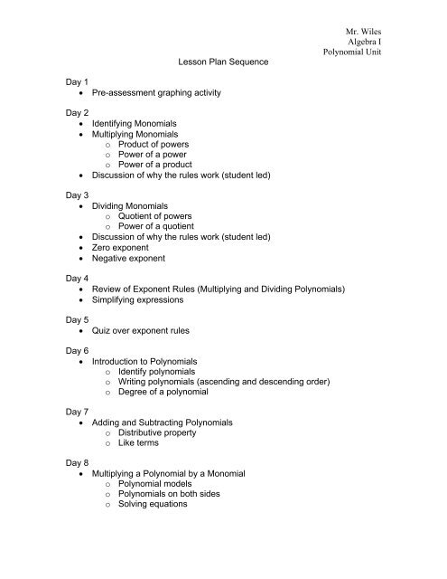 Polynomial Unit Lesson Plan Sequence - Franklin College