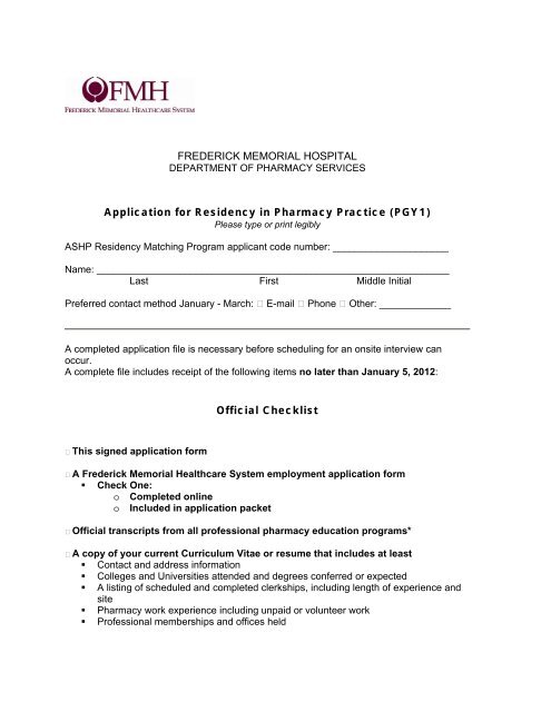 application form - Frederick Memorial Hospital
