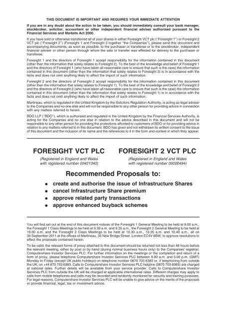 FORESIGHT VCT PLC FORESIGHT 2 VCT PLC ... - Foresight Group