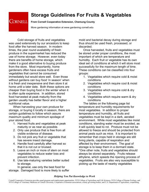 Storage Guidelines For Fruits & Vegetables - Cornell University ...