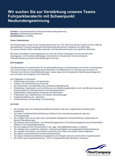 Wir suchen Sie zur Verstärkung unseres Teams ... - FleetCompany Wir suchen Sie zur Verstärkung unseres Teams ... - FleetCompany