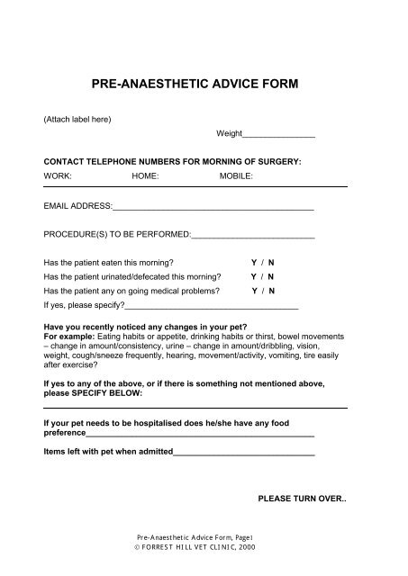 PRE-ANAESTHETIC ADVICE FORM - Forrest Hill Veterinary Clinic