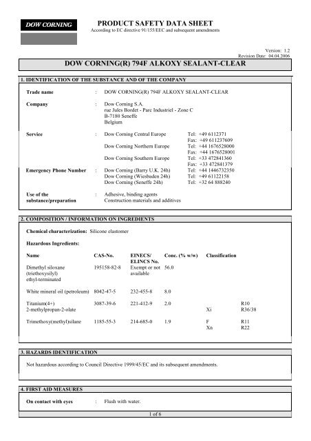 product safety data sheet dow corning(r) 794f alkoxy sealant-clear