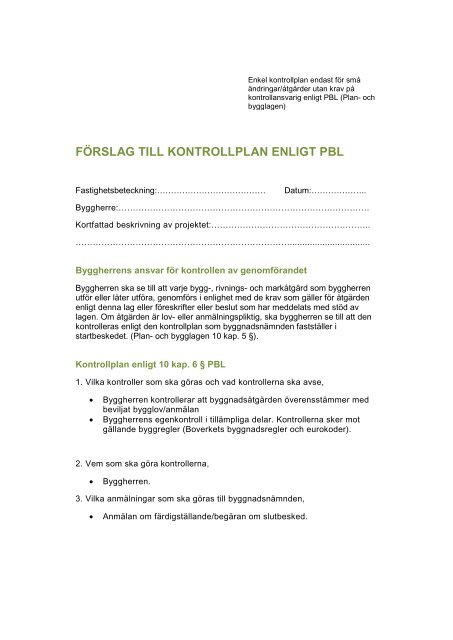 Exempel enkel kontrollplan