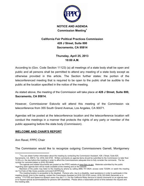To View Full Agenda PDF - Fair Political Practices Commission