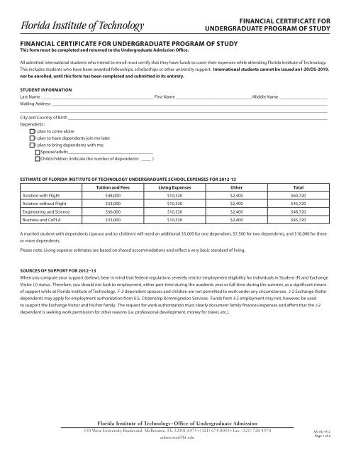 International Financial Certificate Form - Florida Institute of Technology