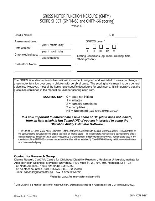 GROSS MOTOR FUNCTION MEASURE (GMFM) SCORE SHEET ...