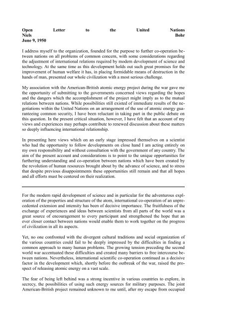 Open Letter to the United Nations Niels Bohr June 9, 1950 I address ...